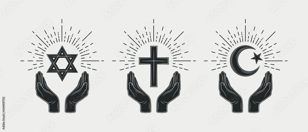 Vintage Religion logos. Hands with Latin cross, Crescent Moon and Star ...