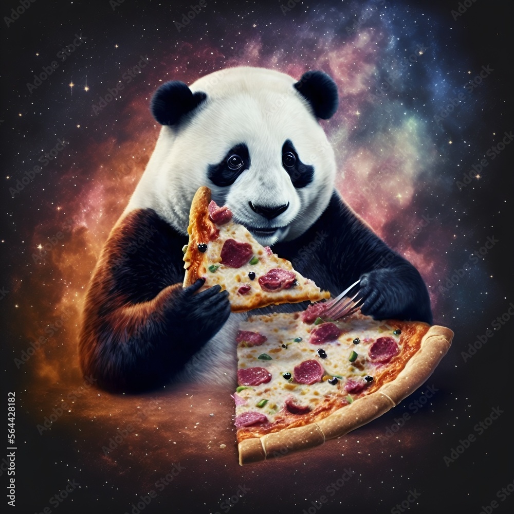 Ilustración de Stock Panda in outer space eating pizza, made with AI ...