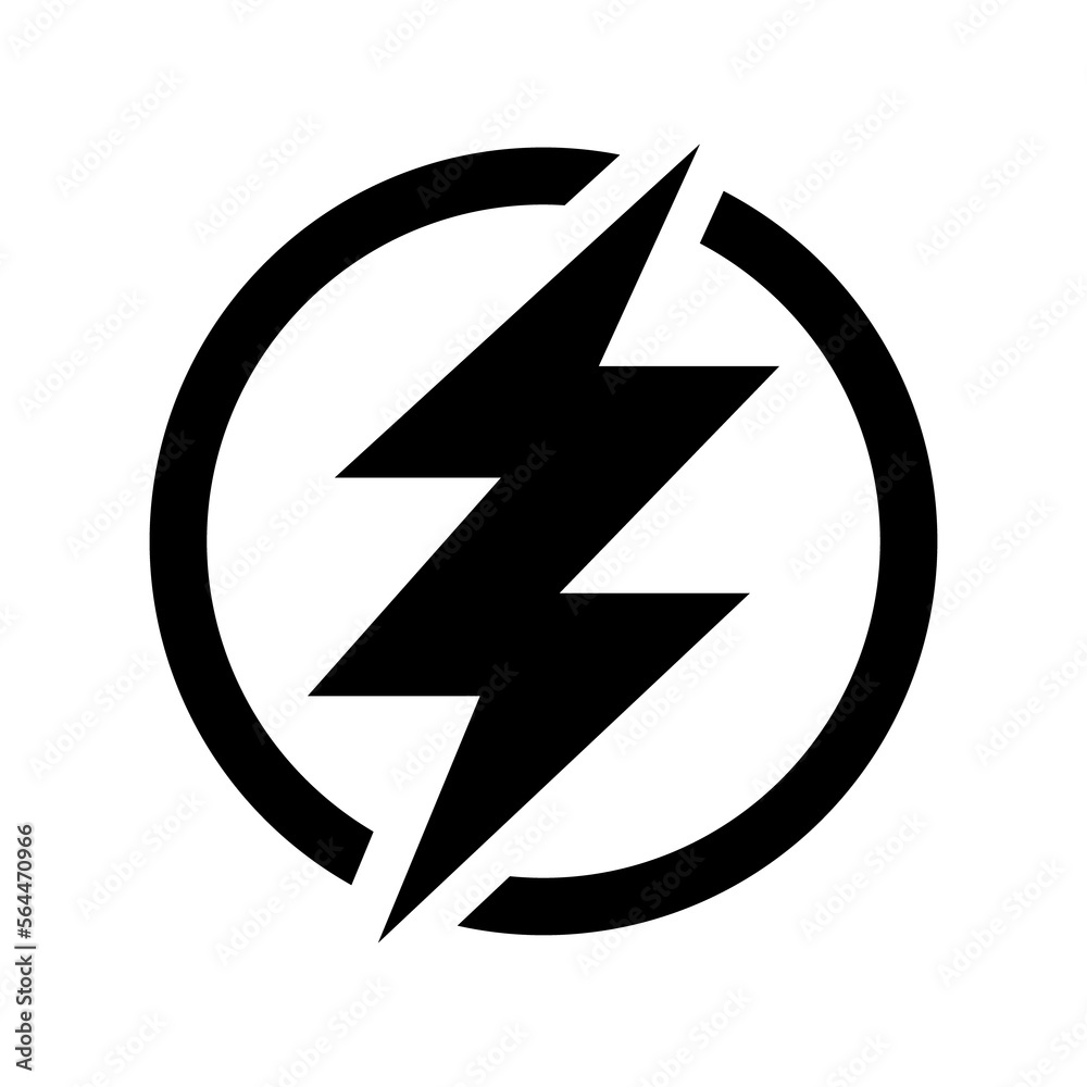 Electric lightning bolt sign inside a circle. In black color isolated ...