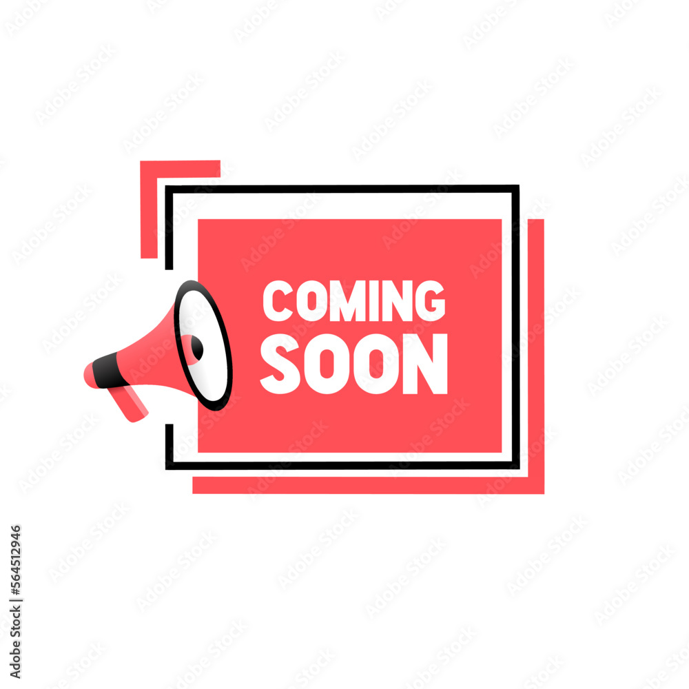 Coming soon banner with megaphone. Announcement sign. Store badge icon ...