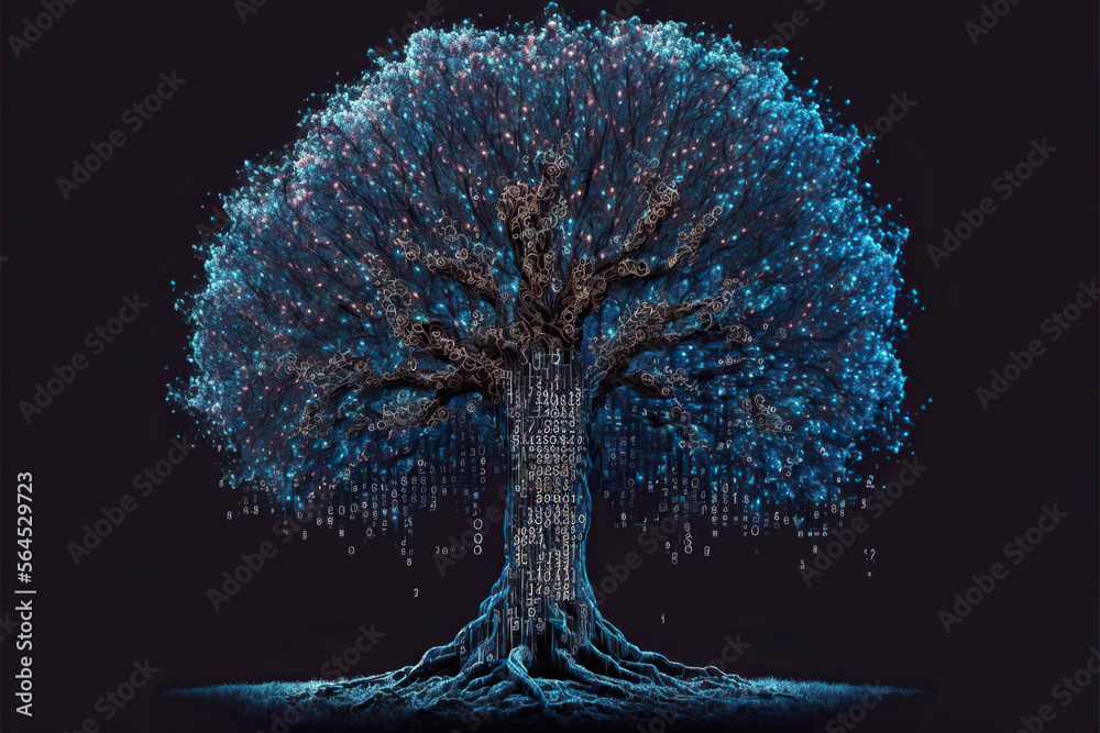 Ilustracja bez tantiem: digital tree in binary code, Generative AI | Adobe Stock