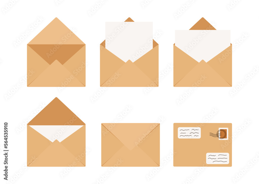 Craft envelopes with letter closed, open, with postage stamp vector ...
