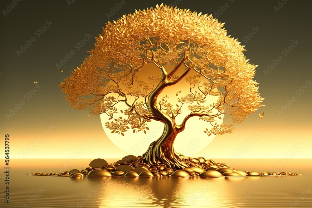 illustration of golden bonsai tree with gold leaves, idea for wealth and prosperity background ...
