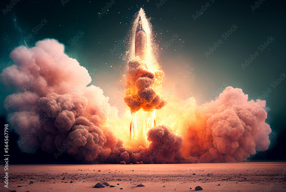 Generative AI illustration of a modern rocket taking off from Mars at ...