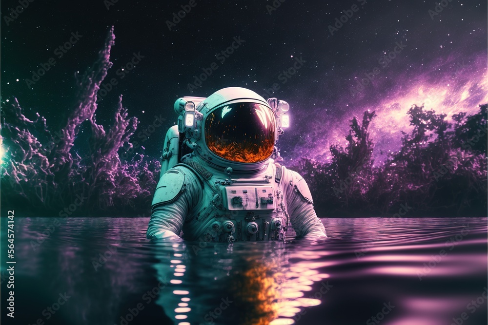 Astronaut swimming in the nebula water and stars with neon light ...