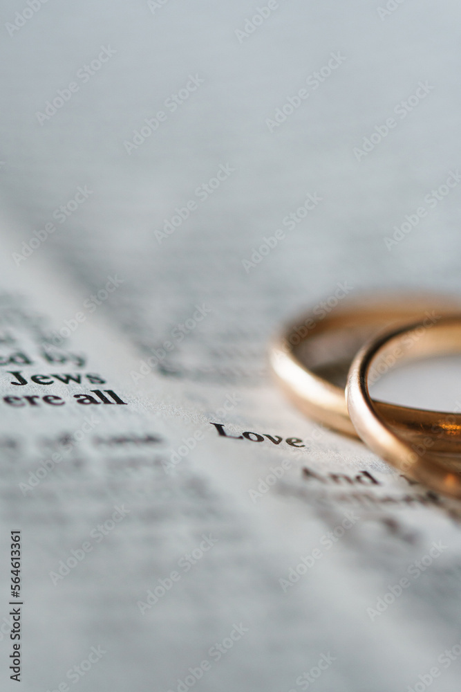 Two golden wedding rings and opened pages of holy bible represents the ...