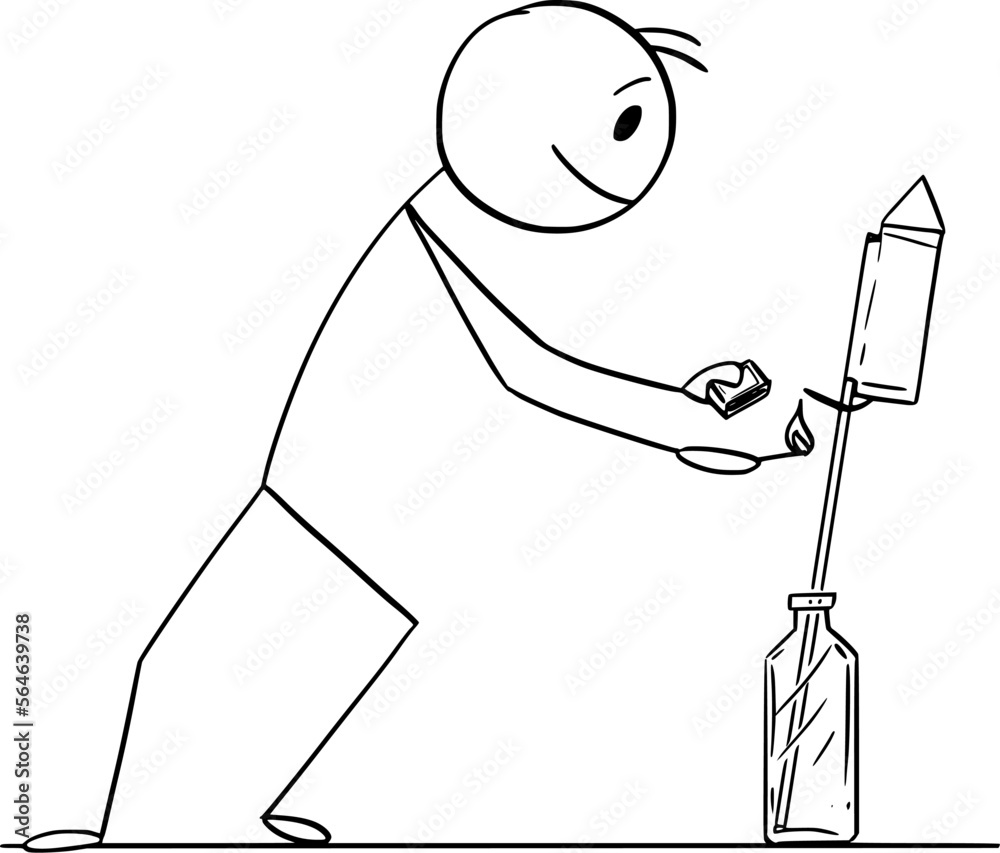 Person Lighting Firework, Vector Cartoon Stick Figure Illustration ...