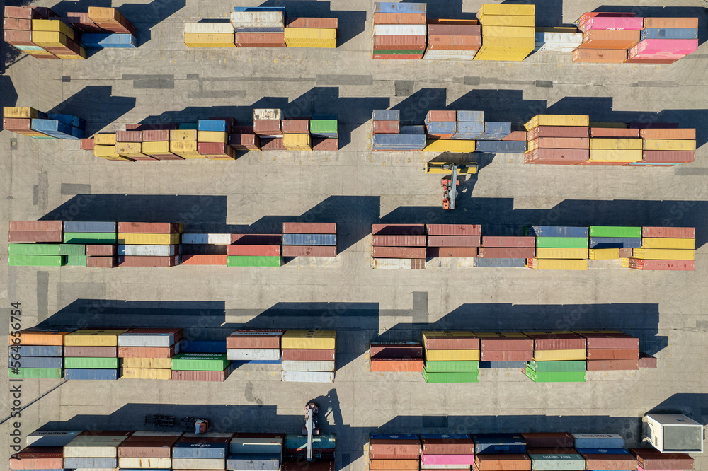 Container Handler in Port Terminal. Transportation of the containers ...