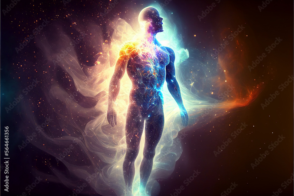Human soul levitating in abstract space background. Astral body concept ...