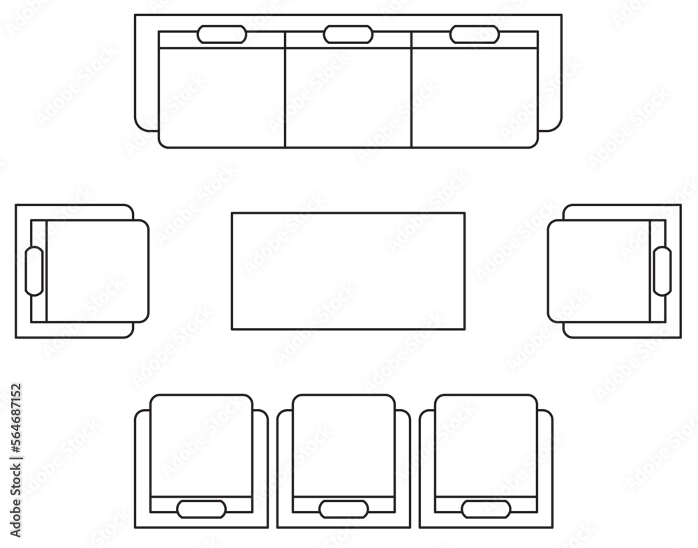 2D graphic drawing of the top view layout of the sofa set and its side ...
