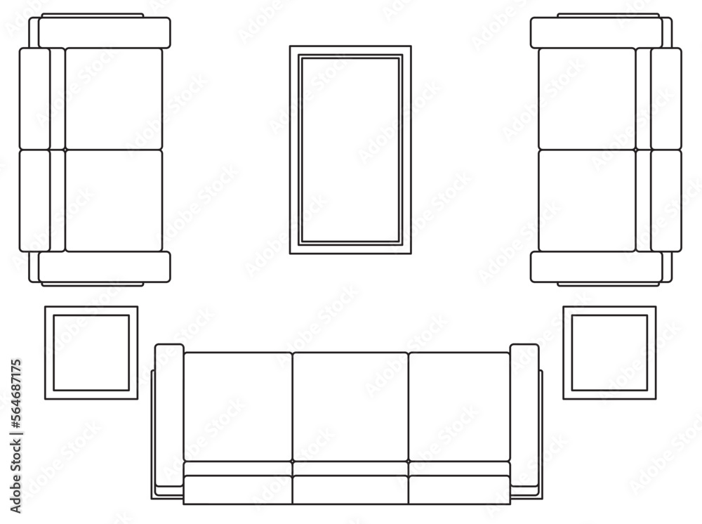 2D graphic drawing of the top view layout of the sofa set and its side ...