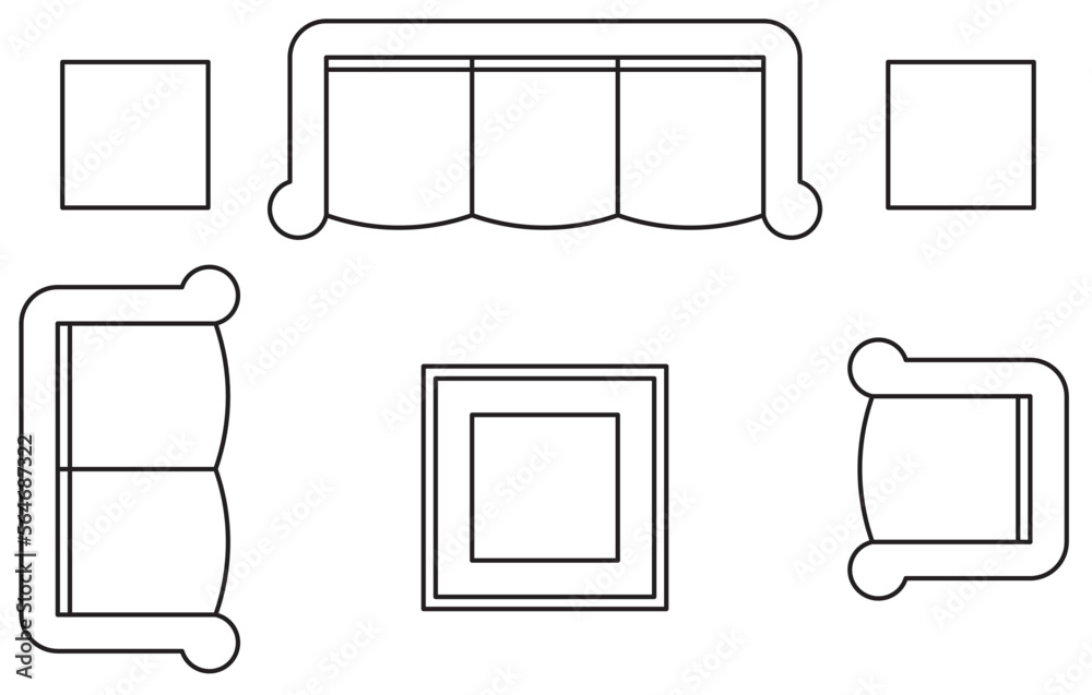 2D graphic drawing of the top view layout of the sofa set and its side ...