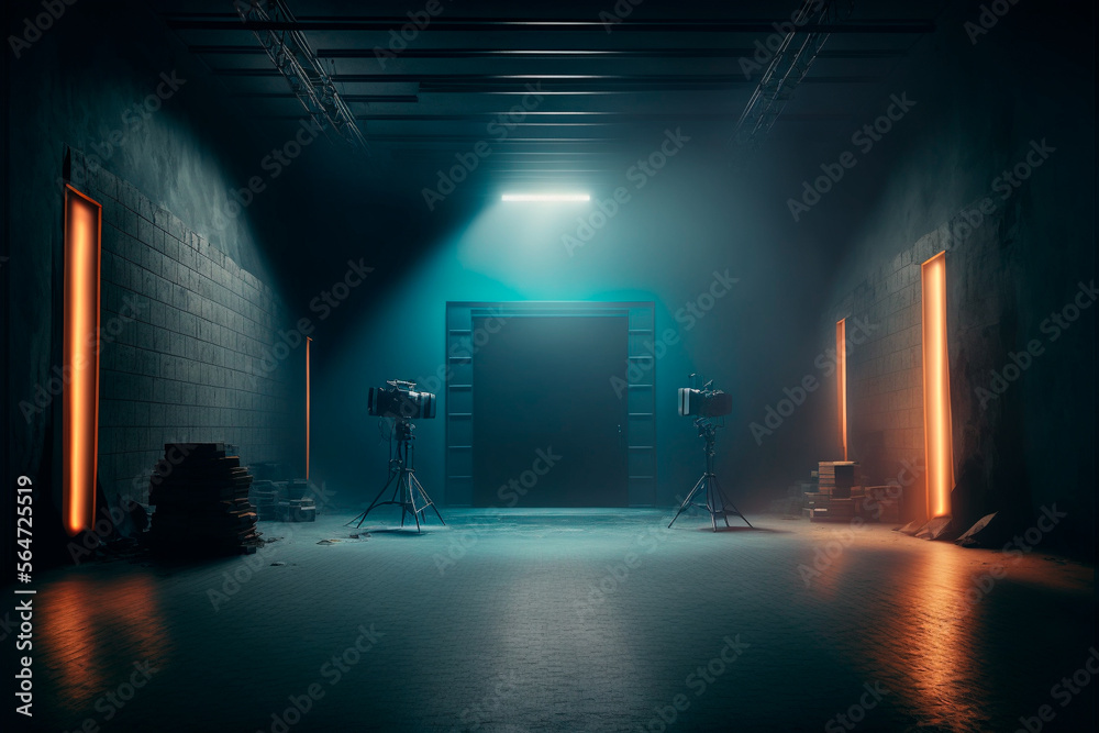 Dark stage location, dark blue background, empty dark room, neon light ...