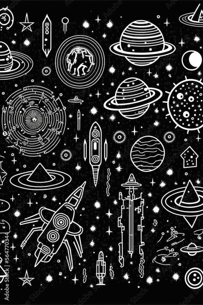 Retro line work of a beautiful outer space iconography pattern with ...