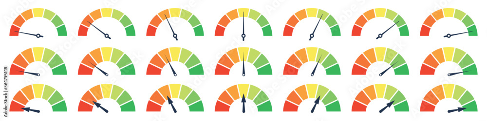 Set of different meter gauge element. Green and red, low and high ...