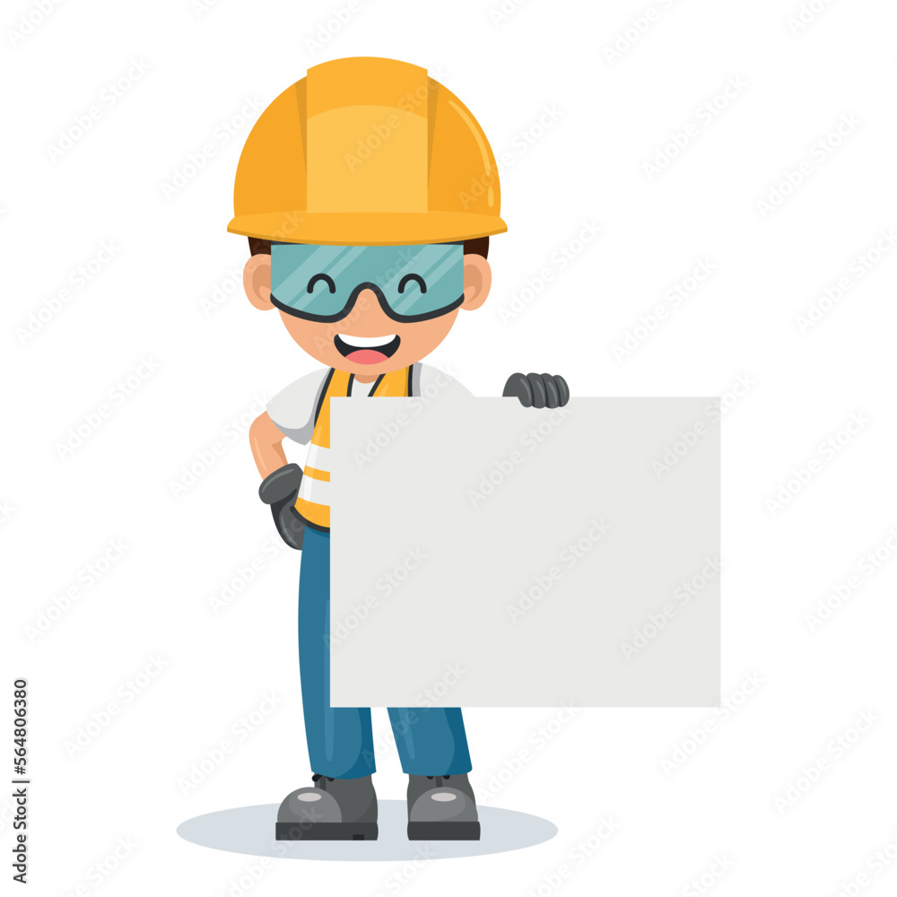 Industrial worker with his personal protective equipment holding a banner with space for text ...