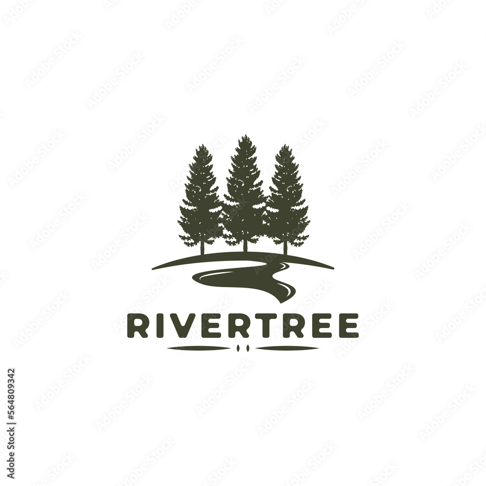 Pine trees evergreen with river creek logo vector illustration design ...