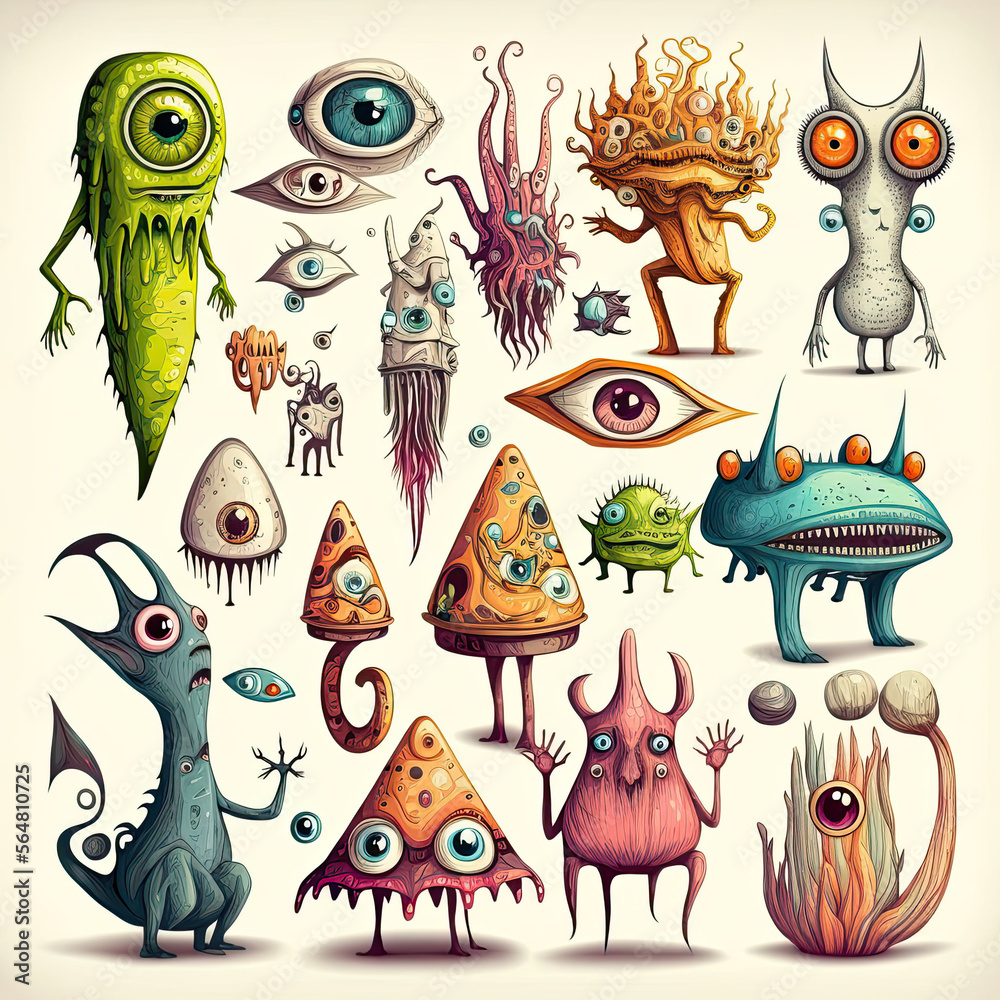 set of colorful creepy weird cartoon creatures and monsters ...
