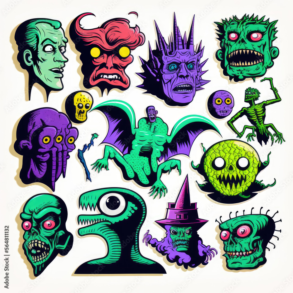 set of colorful halloween cartoon creatures and monsters illustration ...