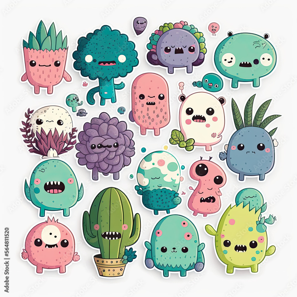 set of colorful cartoon plant creatures and monsters illustration ...