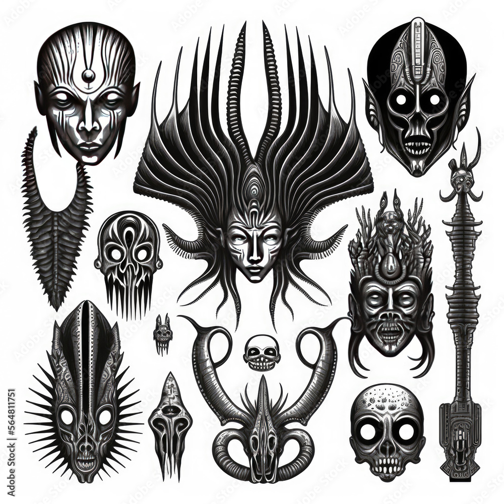 set of black and white masks helmets skull faces line drawing ...