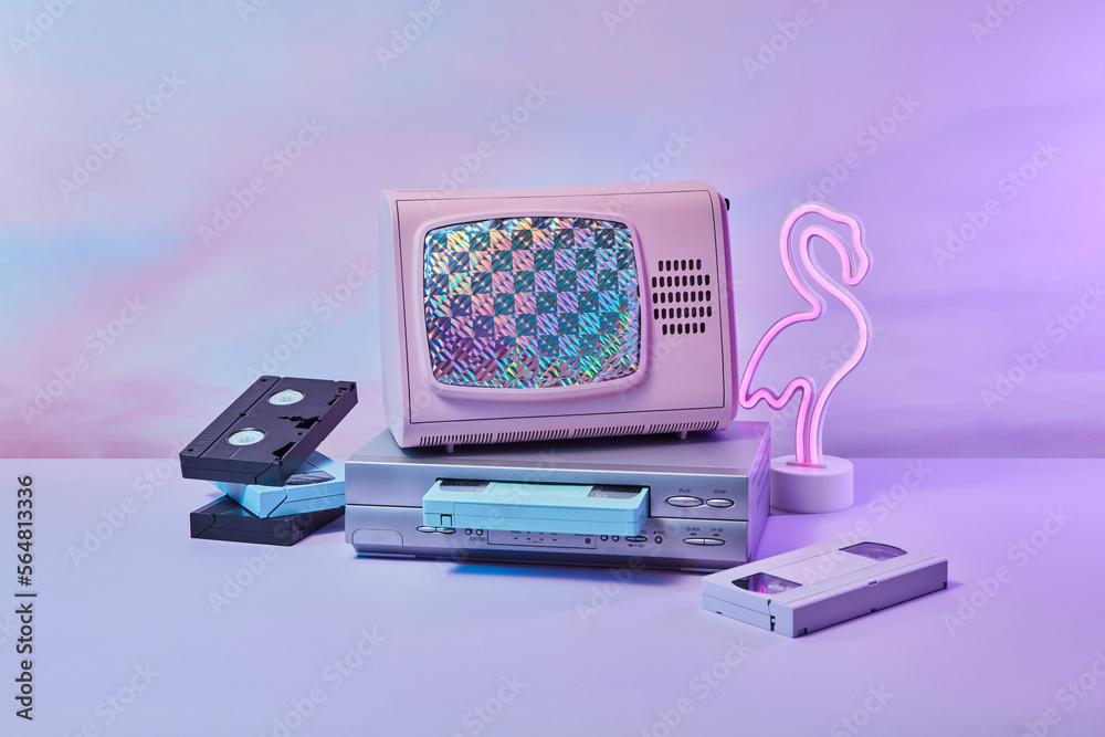 Vintage TV with holographic screen, VCR player. Stock Photo | Adobe Stock