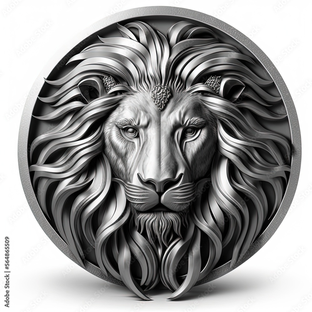 Emblem illustration, lion amulet in silver circle, logo, white ...
