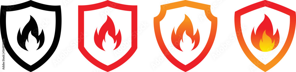 shield fire icon set. fire shield icon collections symbol sign with ...