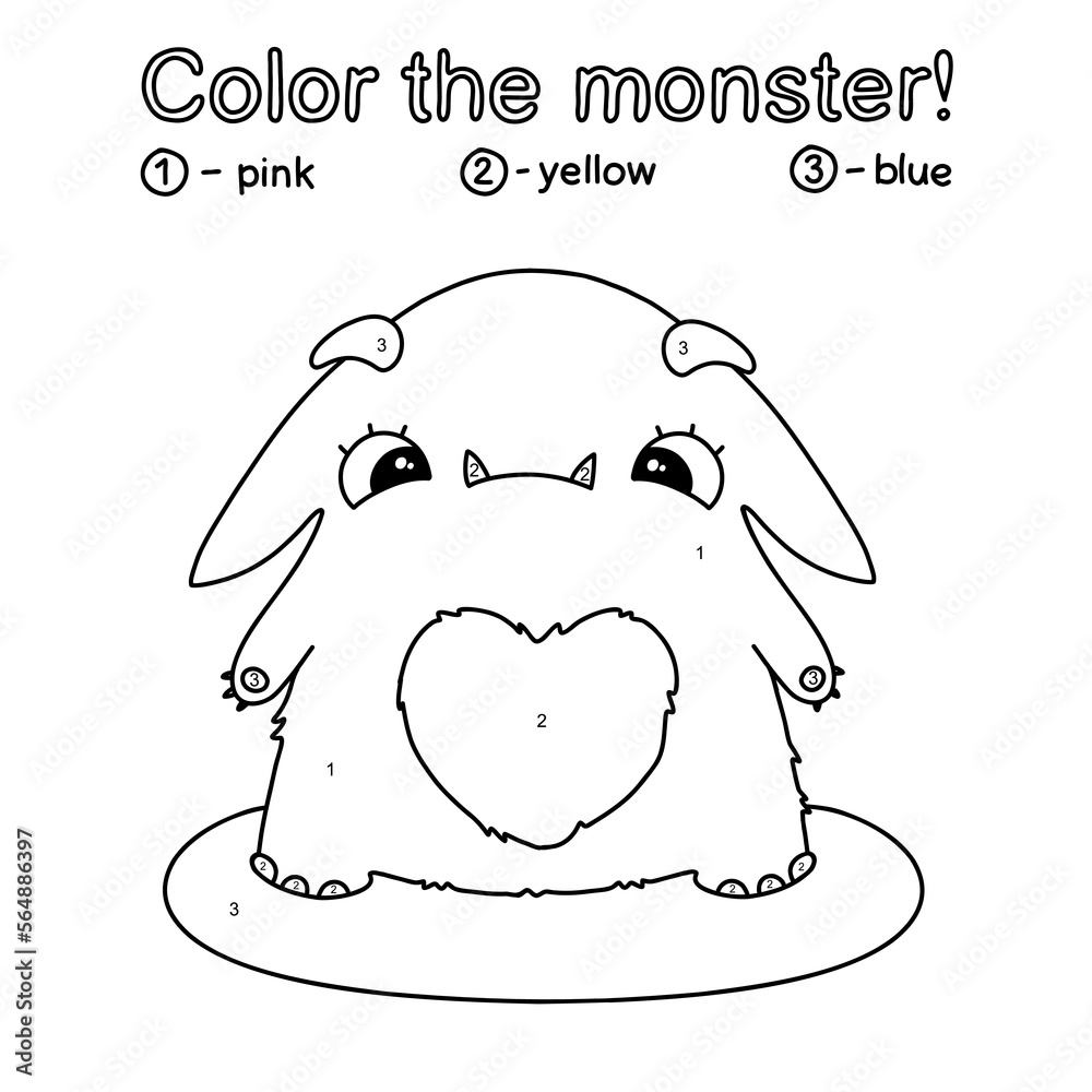 Cute cartoon monster coloring page for kids. Color by numbers worksheet ...