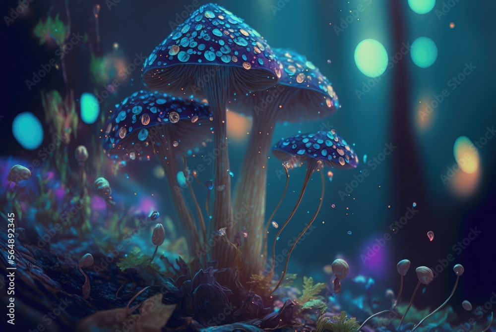 Alien world magical fungus mushroom with vibrant glowing energy stems ...