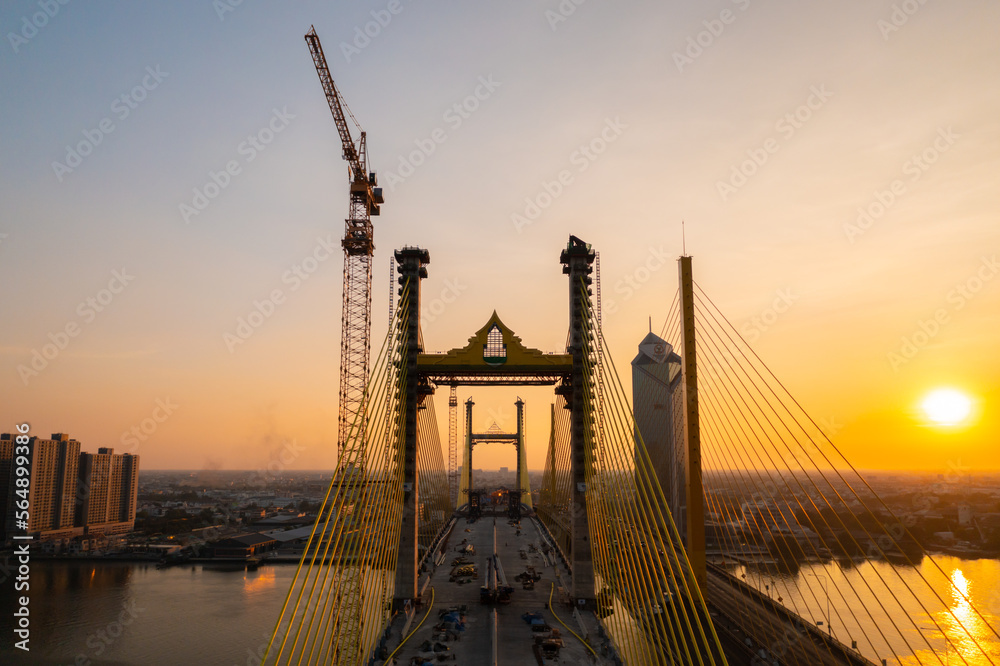 Aerial view Construction of Rama 9 Bridge which was completed in ...