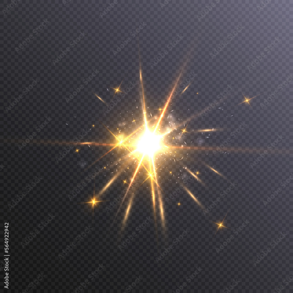 Glow of gold stars of light on a transparent background. Blurred light vector collection. Flash ...