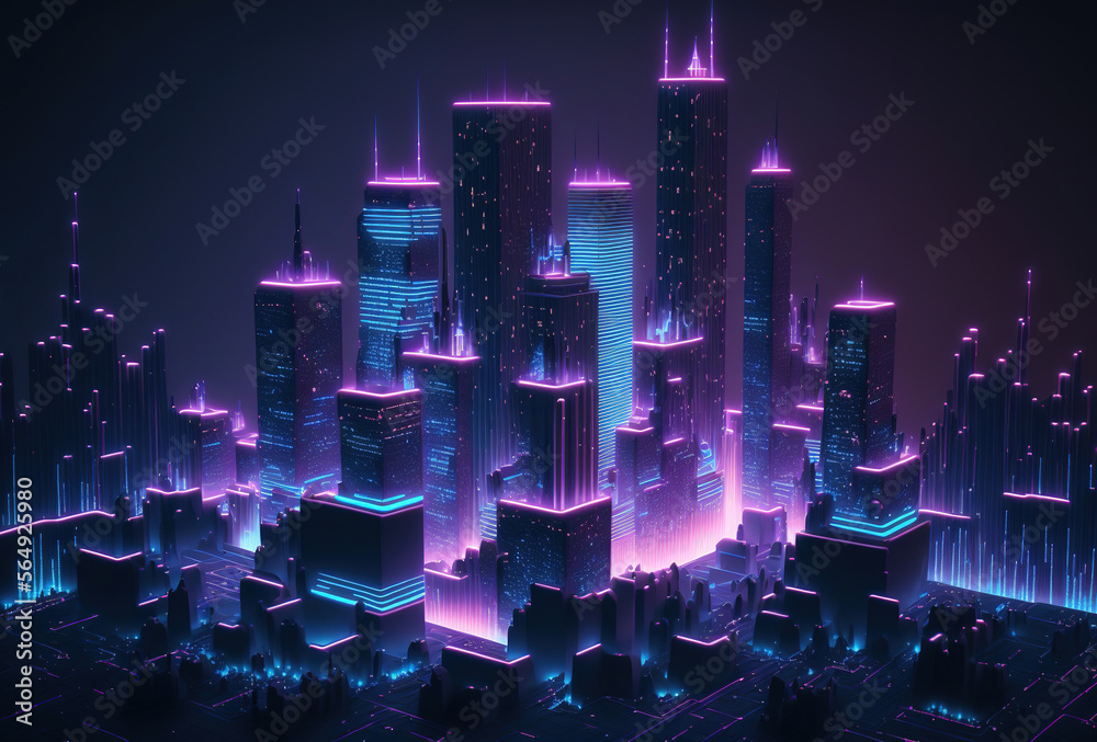 A futuristic night city in the distance glowing with neon light ...