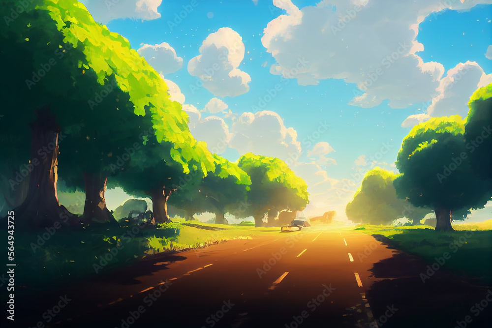 road wall tree cozy summer anime background animation concept ...