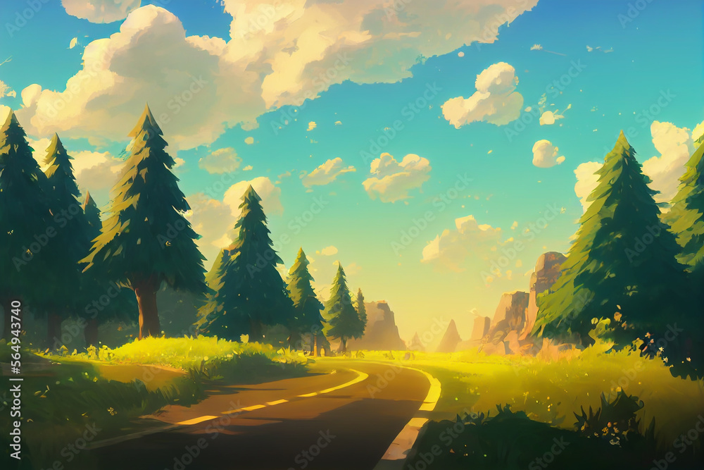 road wall tree cozy summer anime background animation concept ...