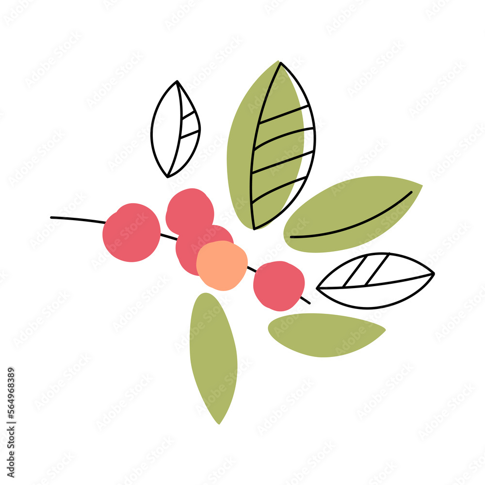 Branch with leaves and berries. Black line outline , with colored blots ...