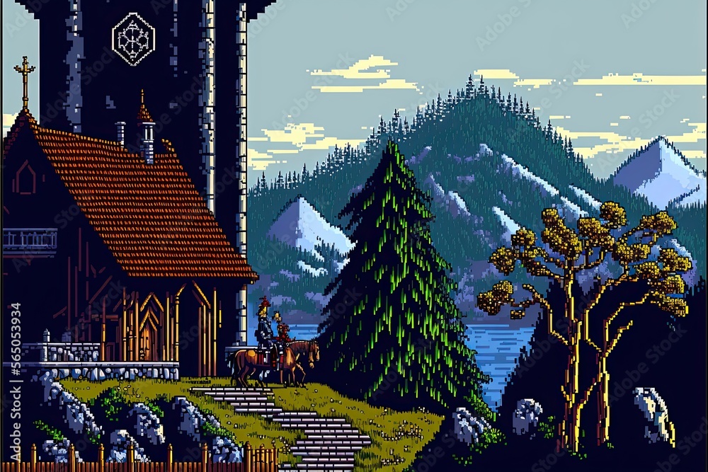 Pixel art medieval landscape with building and trees, landscape background in retro style for 8 ...