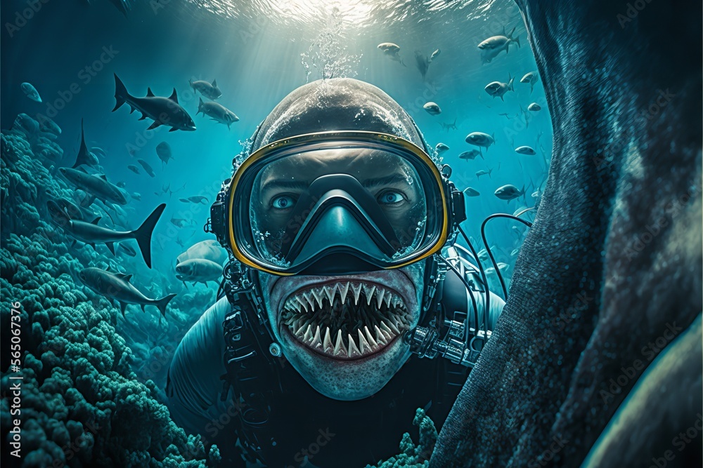 Shark attacks a fictional scuba diver underwater. open mouth with great ...