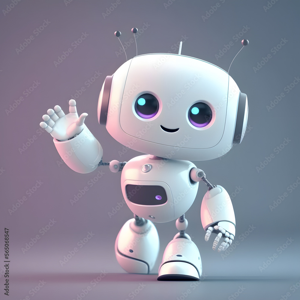 Friendly AI Chatbot Robot character waving, simple 3D blue background, Illustration generative ...