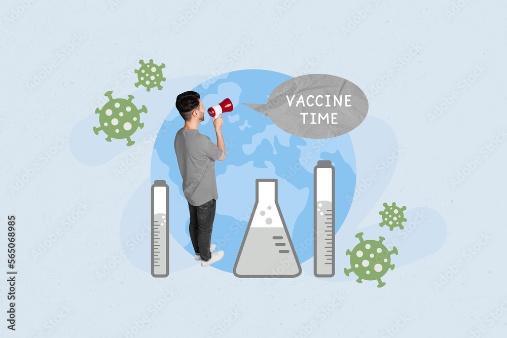 Collage photo of young guy activist vaccine time hold loudspeaker ...