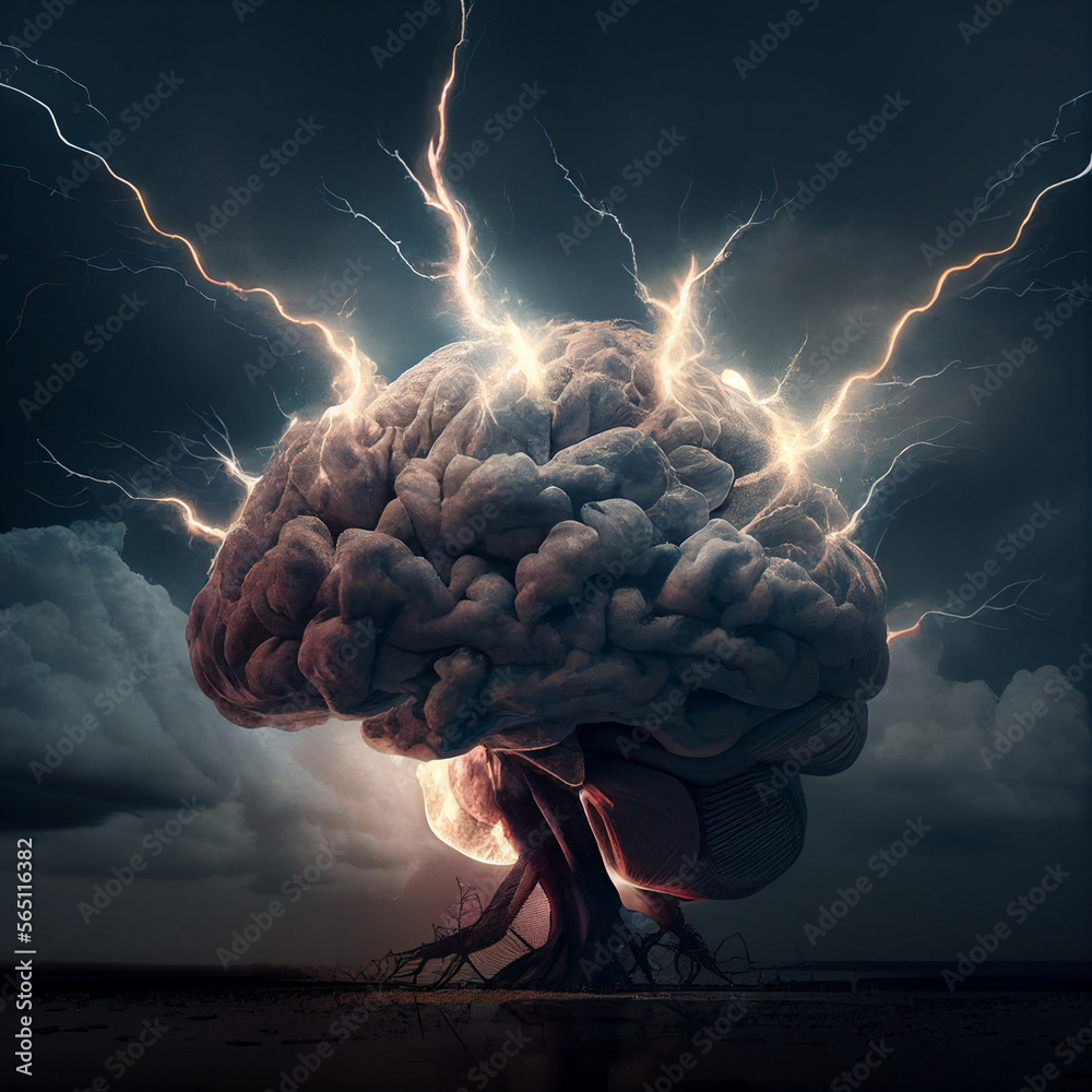 Brainstorming. Human brain and lightning . Person amidst storm and ...