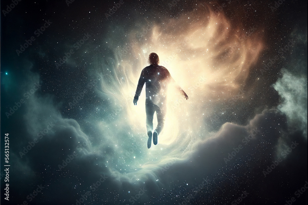 Human soul levitating in abstract space background. Astral body concept ...