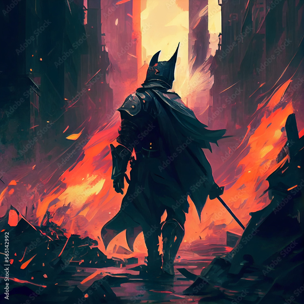 Ilustrace Evil knight in a horned helmet slowly walks with a curved ...