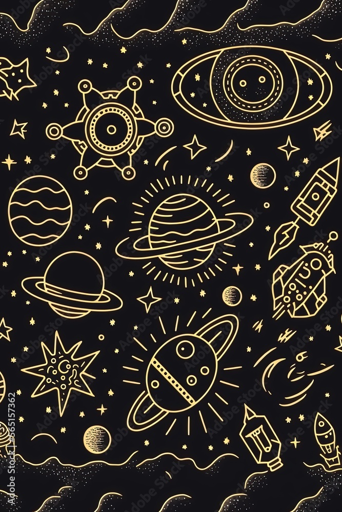 Retro line work of a beautiful outer space iconography pattern with ...