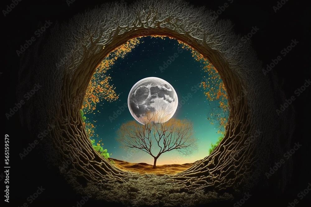 Moonlight night view at a beautiful fantasy unreal landscape. center ...