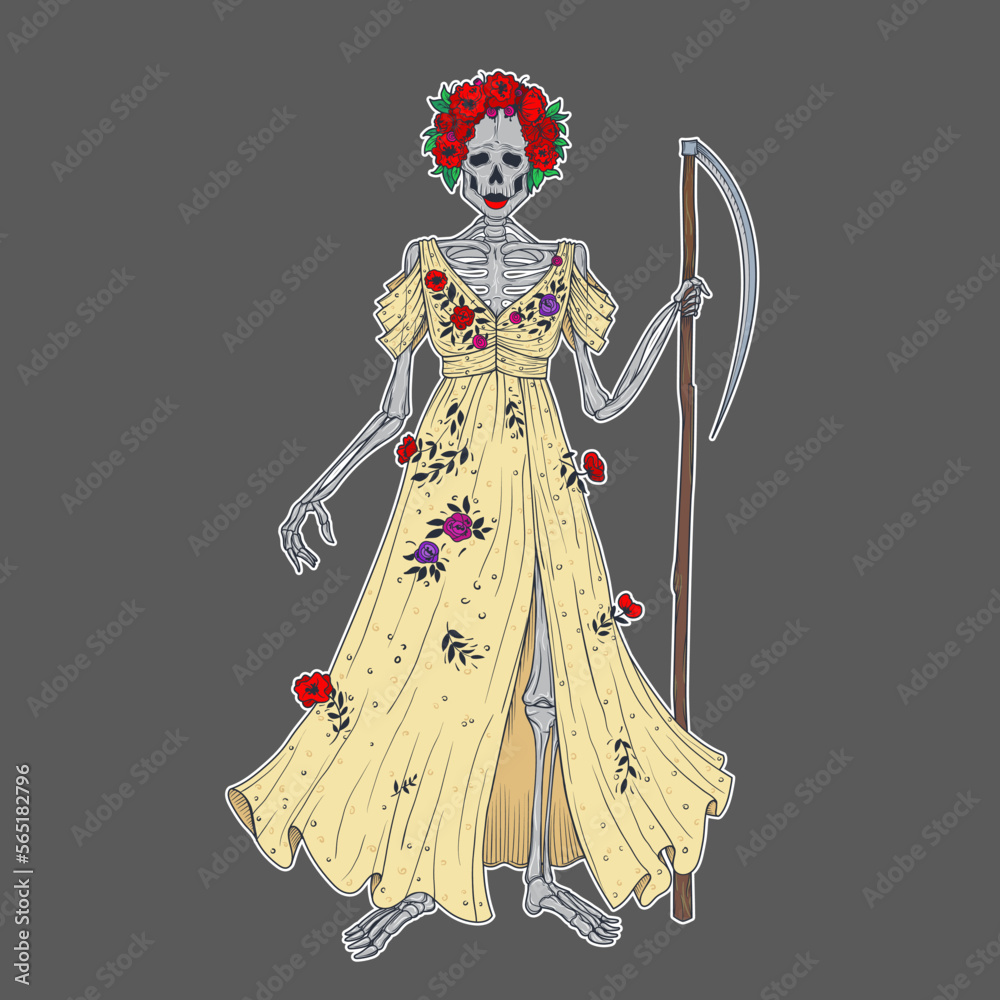Hand drawn skeleton in dress with a scythe. Wreath on the skull of ...