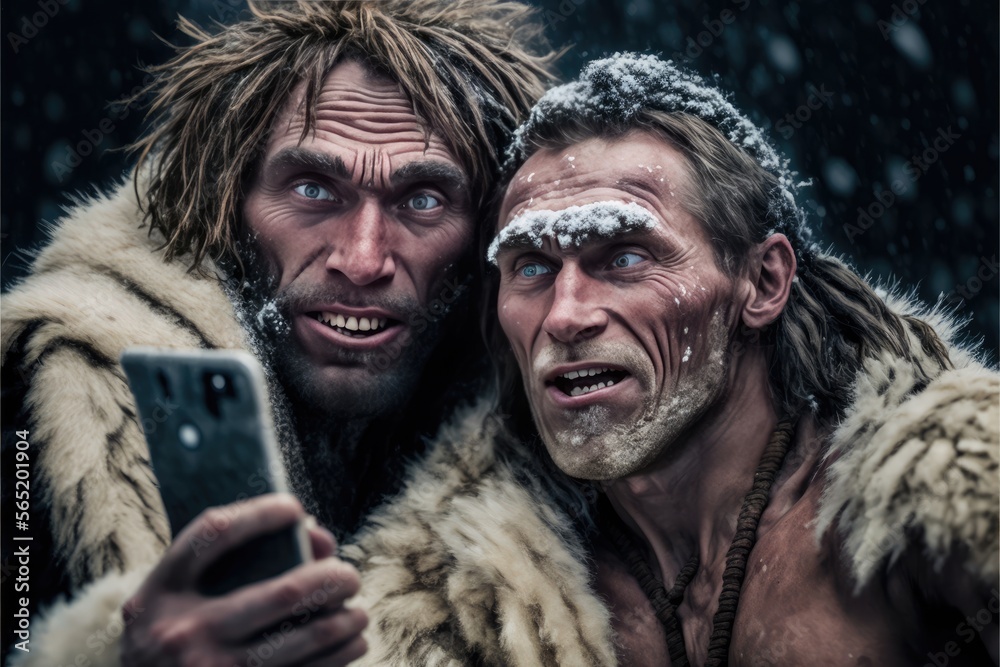 Ilustración de Stock Two Neanderthals Sapiens very excited taking a ...