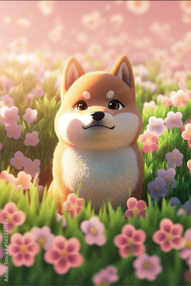 Cute Pixar-Style Shiba Inus with Sakura in a Flowery Green Grass Field ...