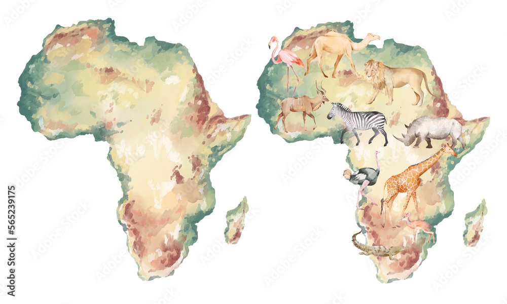 Watercolor hand drawn colorful illustration of map of the continent of ...