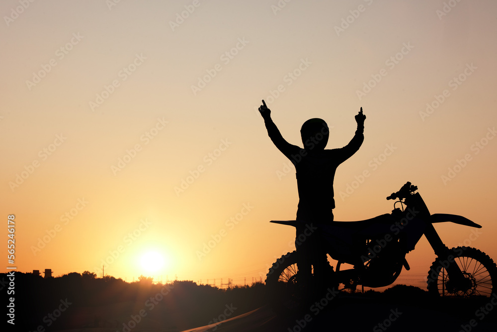 Motorcycle, silhouette and sunset with a sports man outdoor, arms ...